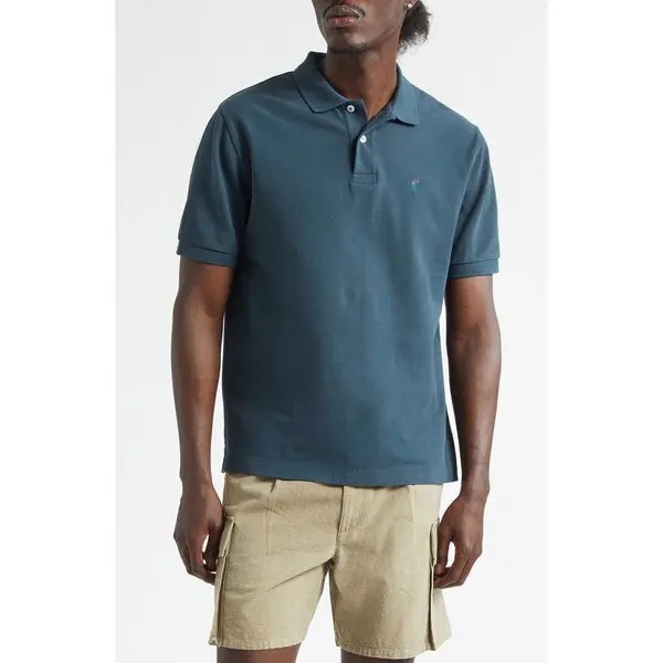 NOAH Embroidered Iris Cotton Piqué Polo - Emerald