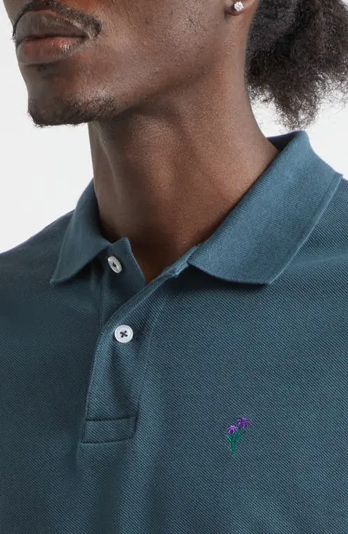 NOAH Embroidered Iris Cotton Piqué Polo - Emerald