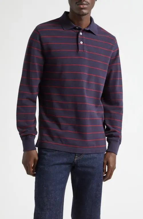 NOAH Stripe Long Sleeve Cotton Piqué Polo - Navy/red