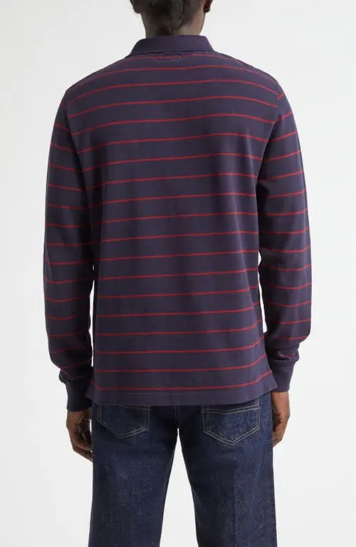 NOAH Stripe Long Sleeve Cotton Piqué Polo - Navy/red