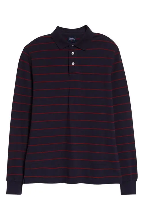 NOAH Stripe Long Sleeve Cotton Piqué Polo - Navy/red