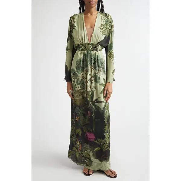Johanna Ortiz Rodeo Rhythms Long Sleeve Silk Maxi Dress - Green