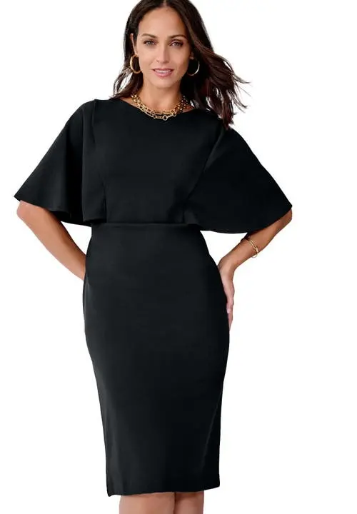 JESSICA LONDON Stretch Crepe Cape Sheath Dress - Black