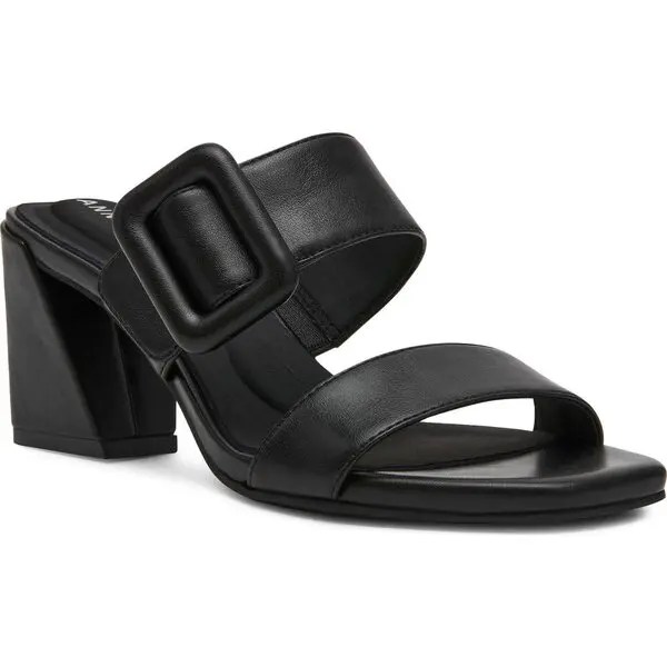 Anne Klein Buckle Strap Block Heel Sandals - Black Smooth