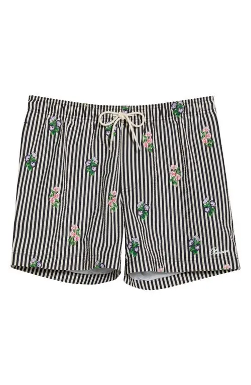 PACSUN Bouquet Embroidered Stripe Swim Trunks - Black/white