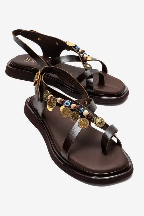 FOREVER & ALWAYS SHOES Hush Beaded Leather Sandal - Brown