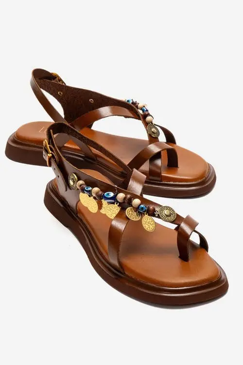 FOREVER & ALWAYS SHOES Hush Beaded Leather Sandal - Cognac