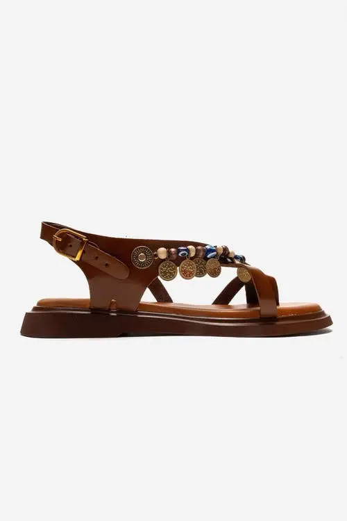 FOREVER & ALWAYS SHOES Hush Beaded Leather Sandal - Cognac