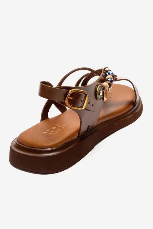 FOREVER & ALWAYS SHOES Hush Beaded Leather Sandal - Cognac
