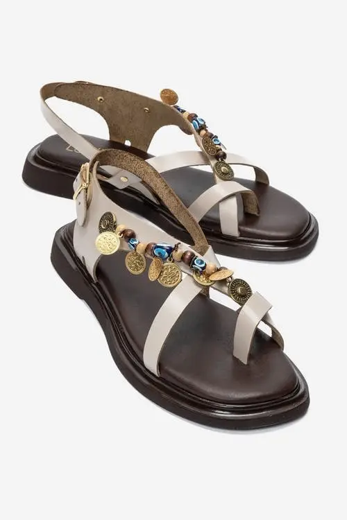 FOREVER & ALWAYS SHOES Hush Beaded Leather Sandal - Cream
