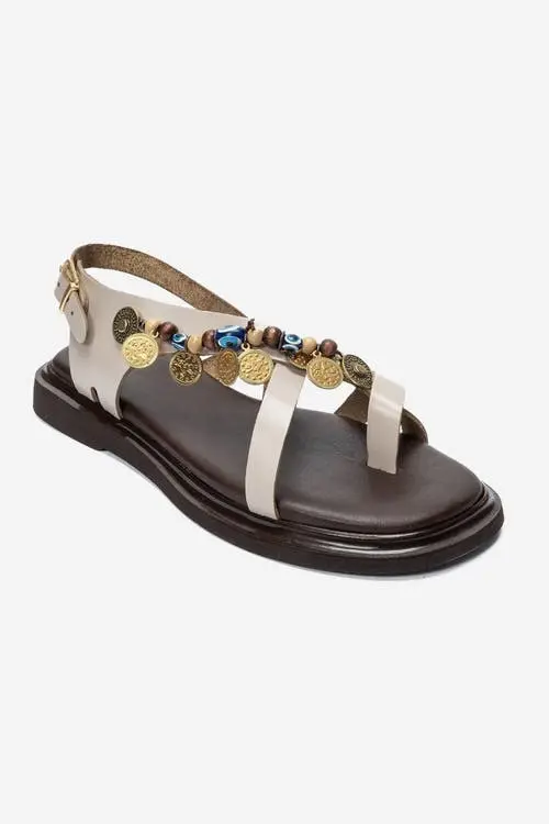 FOREVER & ALWAYS SHOES Hush Beaded Leather Sandal - Cream