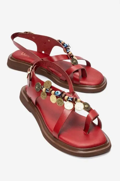 FOREVER & ALWAYS SHOES Hush Beaded Leather Sandal - Red
