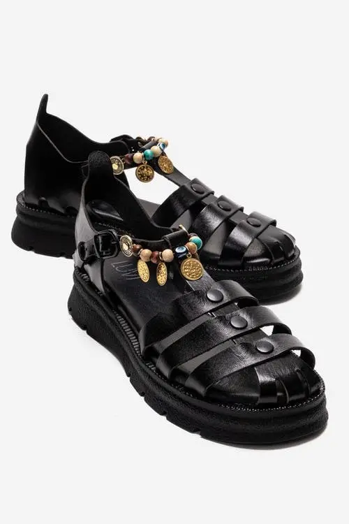 FOREVER & ALWAYS SHOES Solis Leather Beaded Sandal - Black