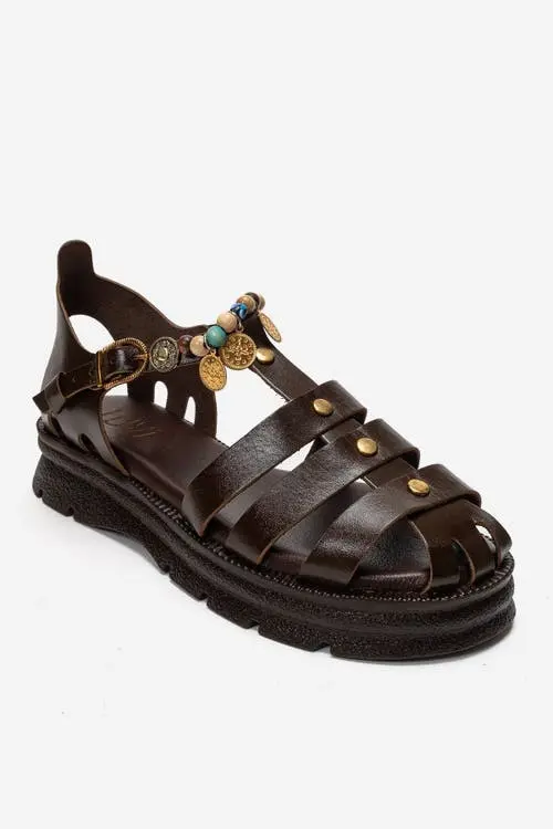 FOREVER & ALWAYS SHOES Solis Leather Beaded Sandal - Brown