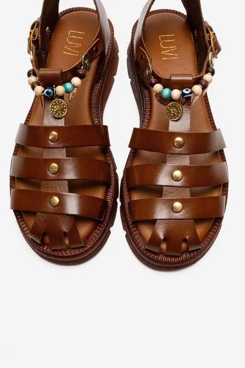 FOREVER & ALWAYS SHOES Solis Leather Beaded Sandal - Cognac