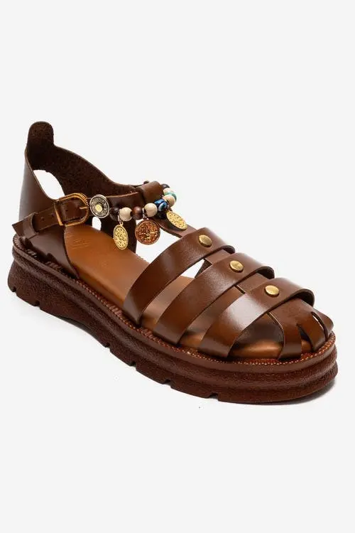 FOREVER & ALWAYS SHOES Solis Leather Beaded Sandal - Cognac