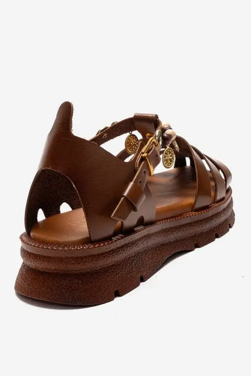 FOREVER & ALWAYS SHOES Solis Leather Beaded Sandal - Cognac