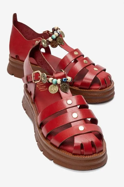 FOREVER & ALWAYS SHOES Solis Leather Beaded Sandal - Red