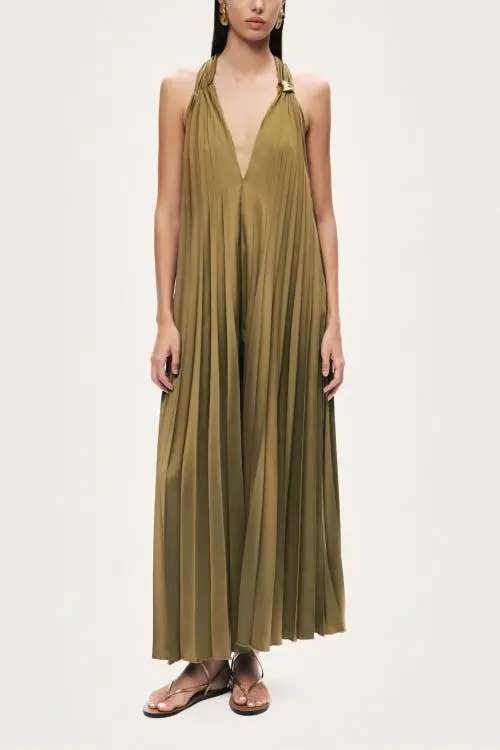 NOCTURNE Pleated Halter Maxi Dress - Khaki