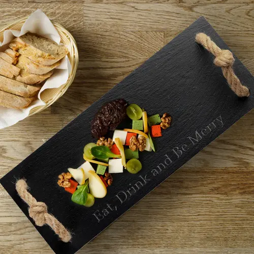 UBER APPLIANCE Rectangular Slate Stone Serving Tray With Jute Rope Handles