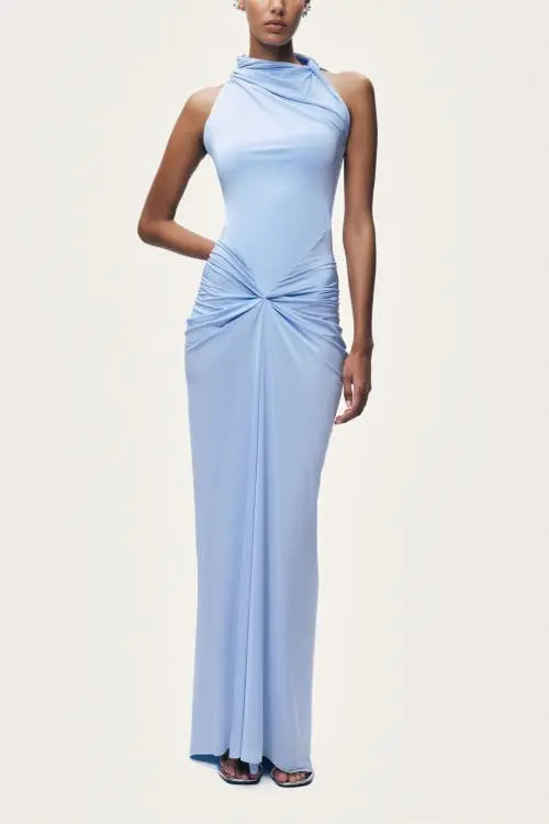 NOCTURNE Draped Halter Neck Ruched Maxi Dress - Blue