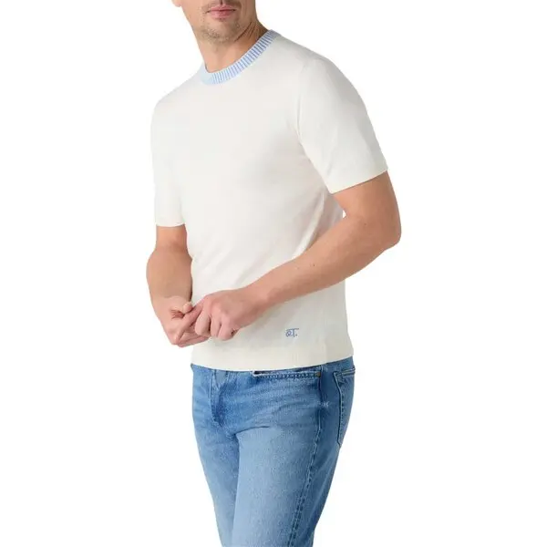 Robert Talbott Gibson Cotton Cashmere Crewneck Sweater - White/blue