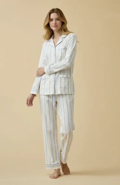 KIP Luxe Stretch Cotton Striped Pajama Set - Blue