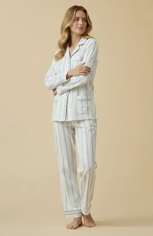 KIP Luxe Stretch Cotton Striped Pajama Set - Blue