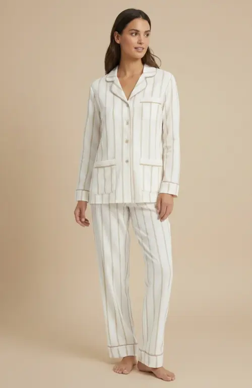 KIP Luxe Stretch Cotton Pinstripe Pajama Set - Champagne