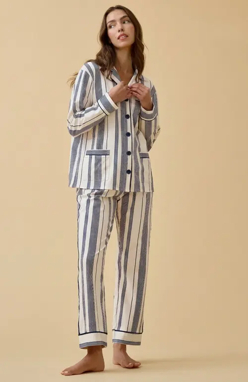 KIP Luxe Stretch Cotton Striped Pajama Set - Midnight Blue
