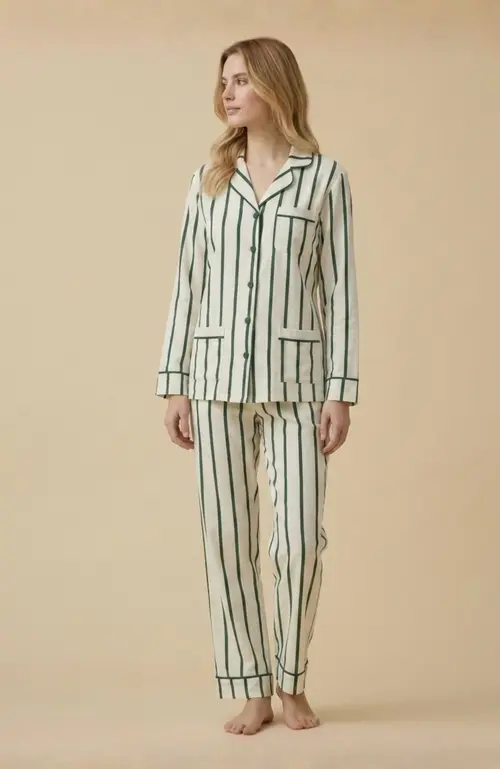 KIP Luxe Stretch Cotton Striped Pajama Set - Raspberry