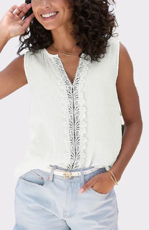 LASCANA Lace Trim Sleeveless Blouse - White
