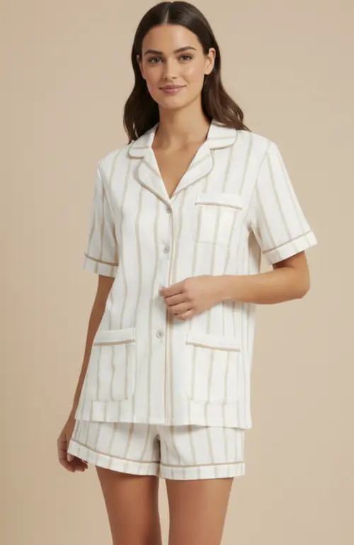 KIP Luxe Stretch Cotton Striped Short Set - Champagne