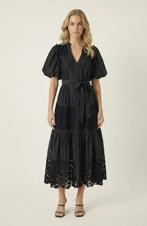 MODENAIRE V-neck Lace Paneling Midi Dress - Black