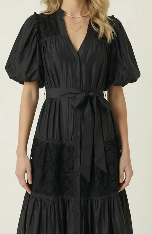 MODENAIRE V-neck Lace Paneling Midi Dress - Black