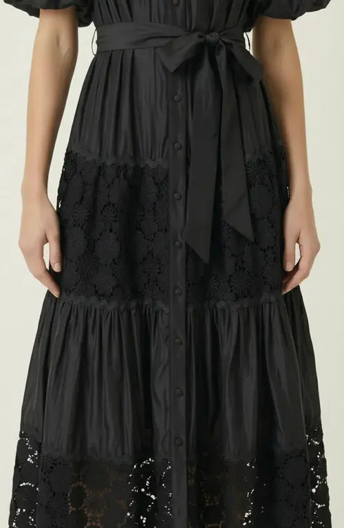 MODENAIRE V-neck Lace Paneling Midi Dress - Black