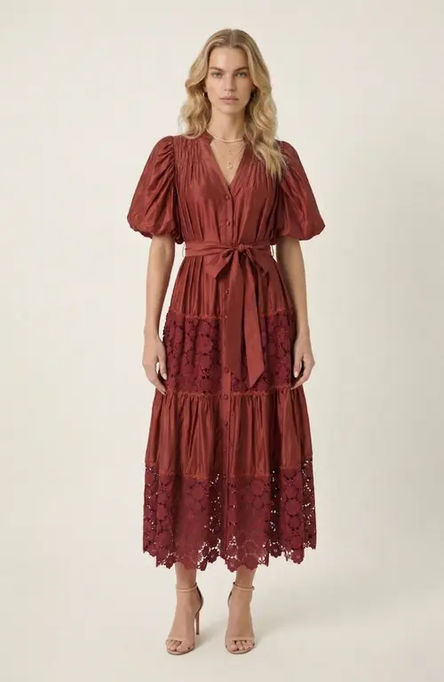 MODENAIRE V-neck Lace Paneling Midi Dress - Red