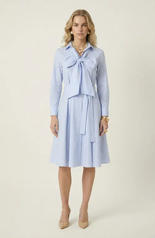 MODENAIRE Striped Tie Neck Bow Waist Belt Shirt Dress - Light Blue/white Stripes
