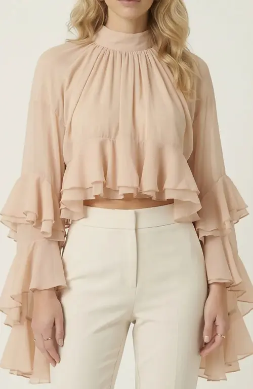 MODENAIRE Sheer Ruffle Sleeve Blouse - Pink