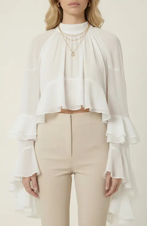 MODENAIRE Sheer Ruffle Sleeve Blouse - White