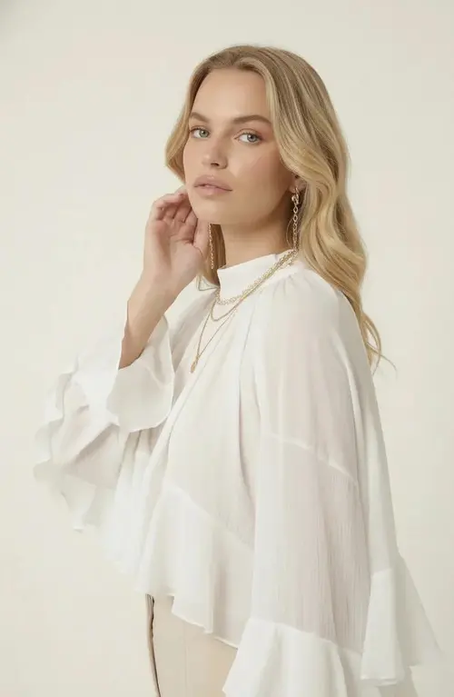 MODENAIRE Sheer Ruffle Sleeve Blouse - White