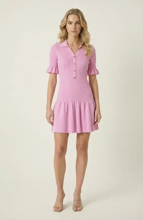 MODENAIRE Pleated Mini Dress With Ruffle Hem And Button Front - Pastel Pink