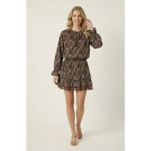 MODENAIRE Paisley Print Mini Dress With Tiered Skirt And Long Sleeves - Dark Brown Paisley