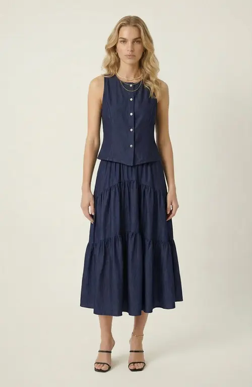 MODENAIRE Sleeveless Structured Top And Tiered Midi Skirt Set - Navy Blue