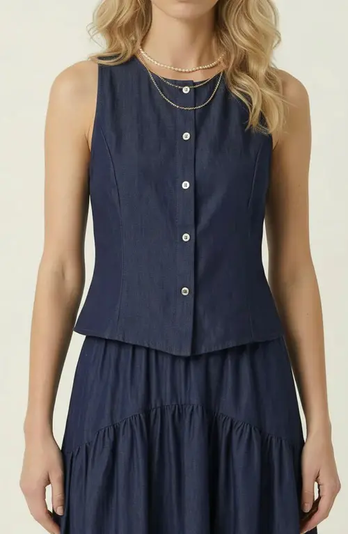 MODENAIRE Sleeveless Structured Top And Tiered Midi Skirt Set