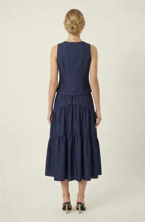 MODENAIRE Sleeveless Structured Top And Tiered Midi Skirt Set