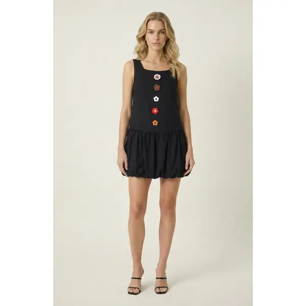 MODENAIRE Sleeveless Mini Dress With Floral Applique And Bubble Hem - Black