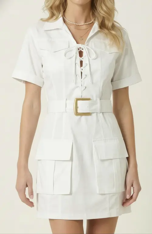 MODENAIRE Utility Mini Dress With Lace-up Front And Belt - White