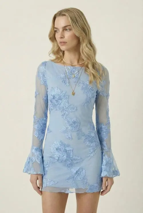 MODENAIRE Sheer Floral Embroidered Mini Dress - Pastel Blue