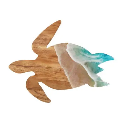 GALLERIE II Sea Turtle Wave Coastal Wood Novelty Animal Shaped Serving Platter 12.5" X 16 - Blue